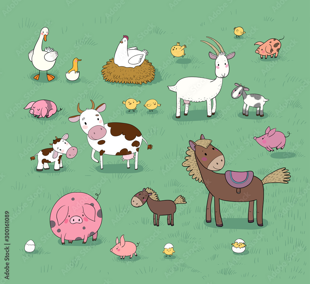 Farm animals. Cute cartoon horse, cow and goat, sheep and goose ...