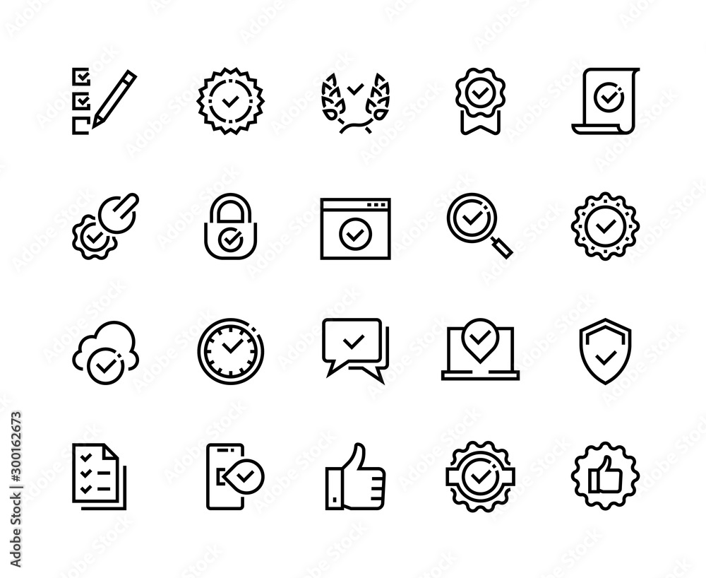 Quality control line icons. Check mark and approve certificate outline ...