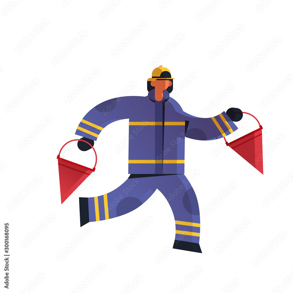 brave fireman holding red buckets firefighter wearing uniform and ...
