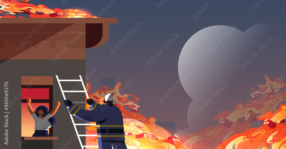 brave fireman climbing ladder firefighter rescuing woman in burning ...