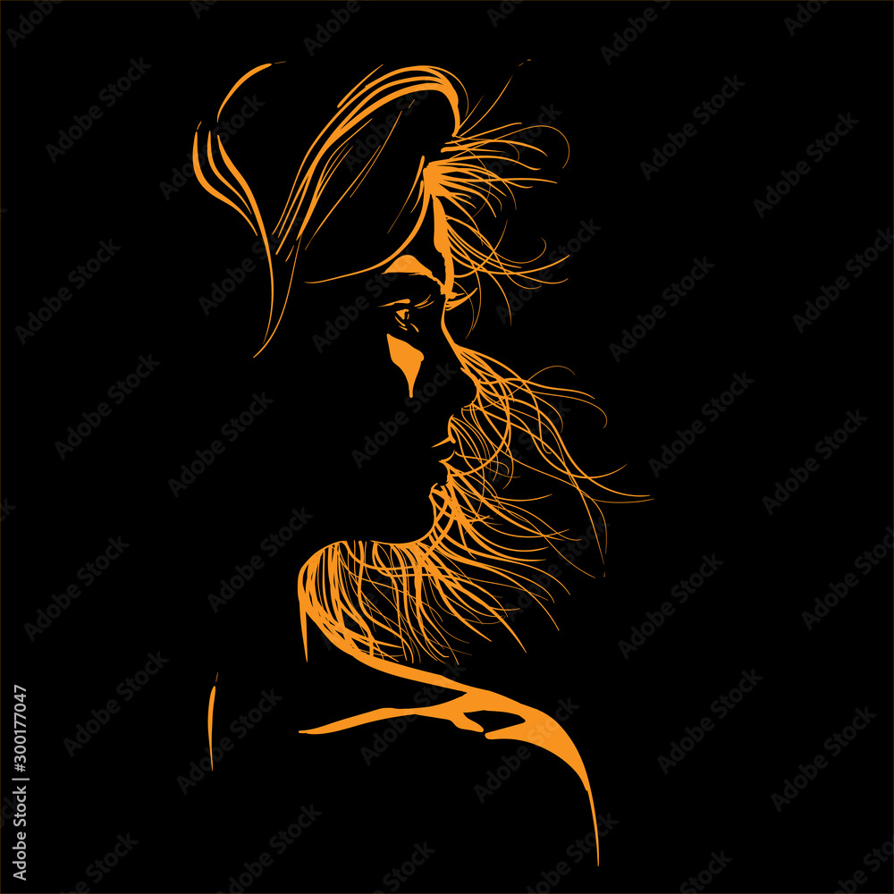 Beauty Woman Face silhouette in contrast backlight. Girl with flying ...