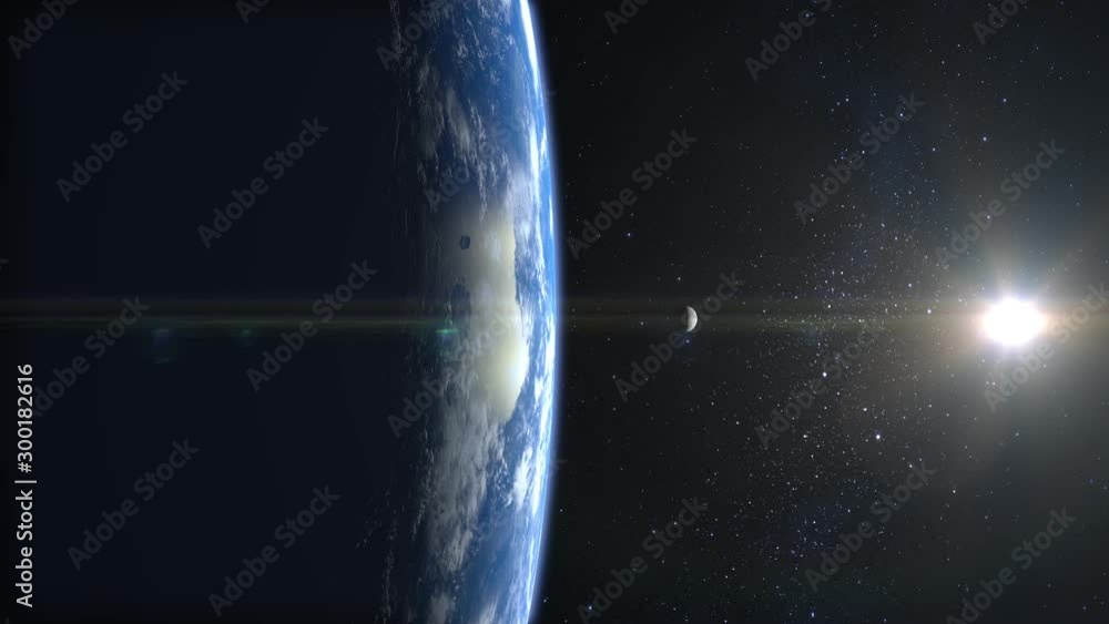 View of Earth and moon from space. The camera is approaching Earth ...