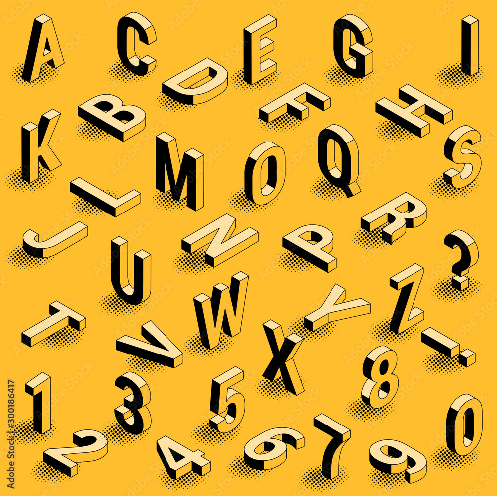 Black and yellow ink drawing styled isometric type font letters design ...
