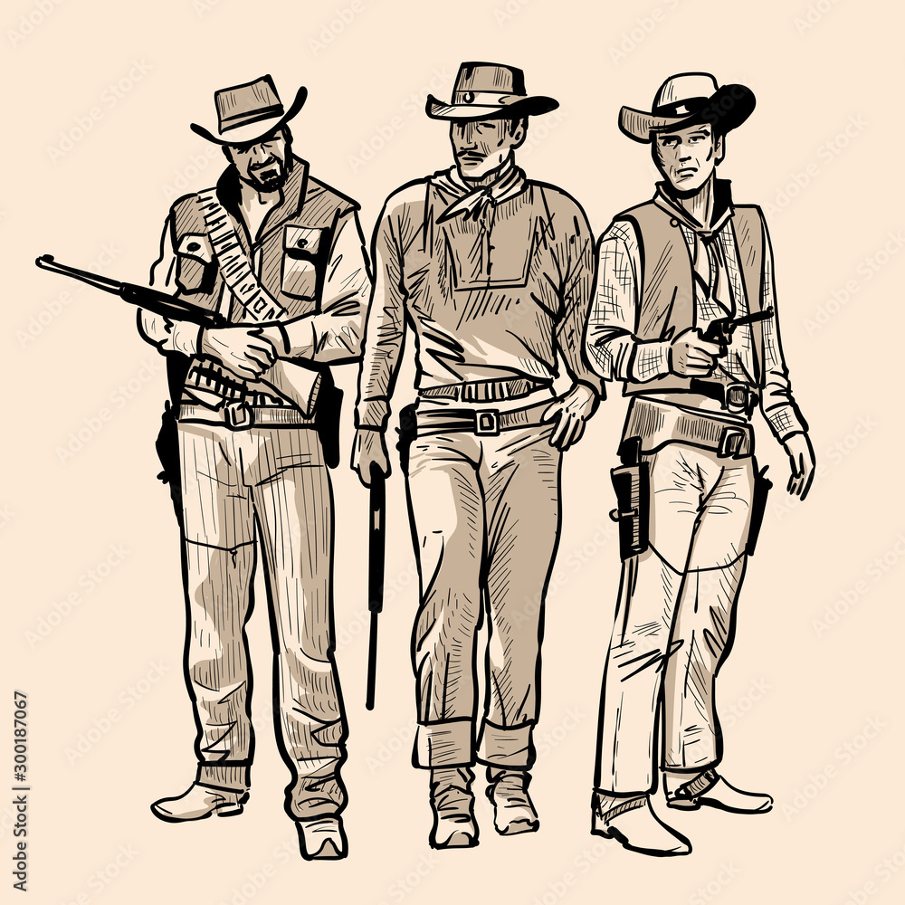 Three cowboys with guns. Men with cowboy hats and rifle. Western ...