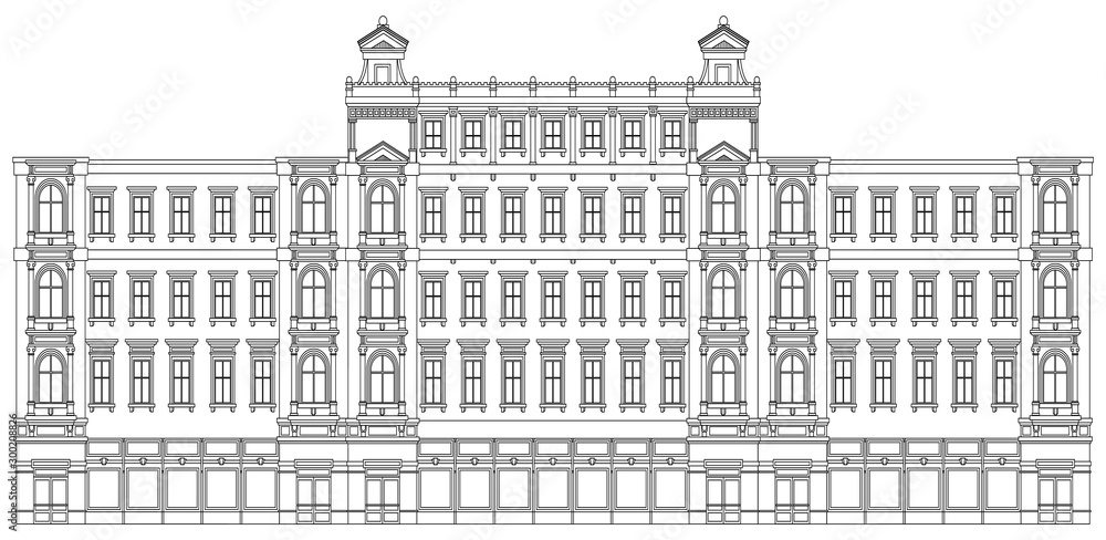 Detail front view house facade building outline contour with shop ...