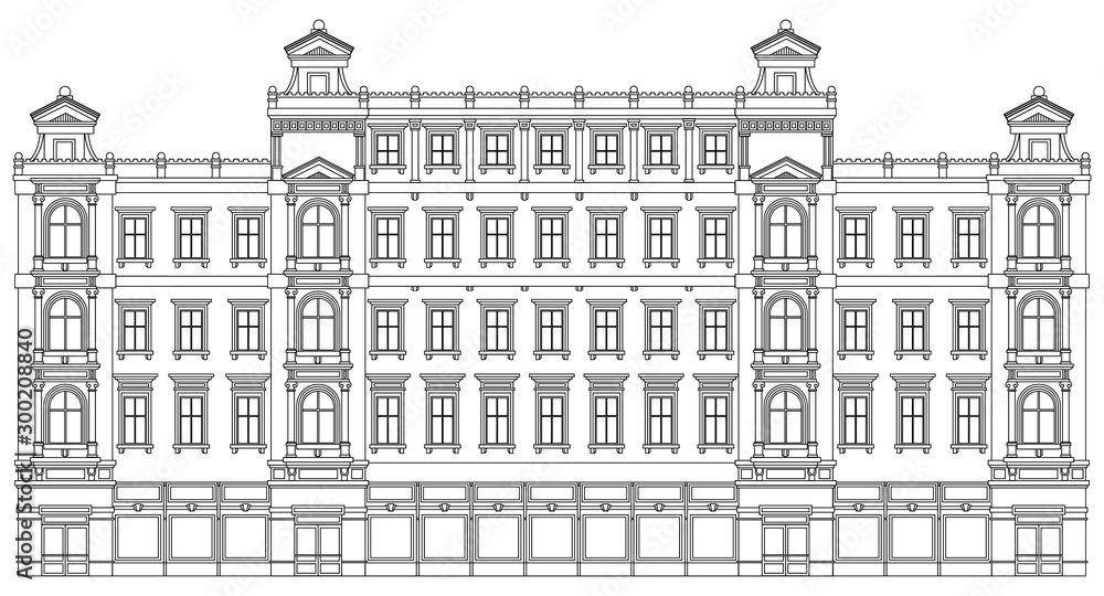 Detail front view house facade building outline contour with shop ...