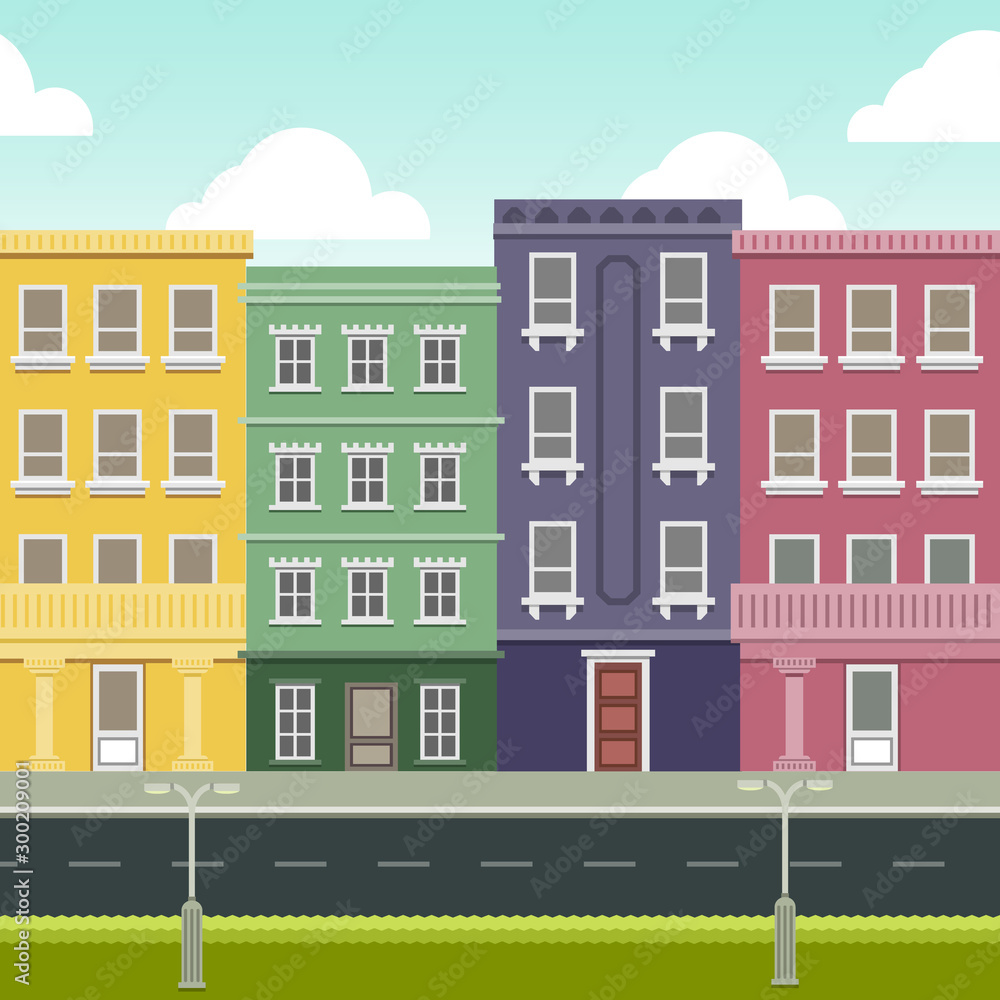 Funny cartoon cityscape street panorama with houses shop road bench ...