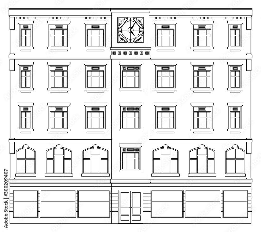 Detail front view house facade building outline contour with shop ...