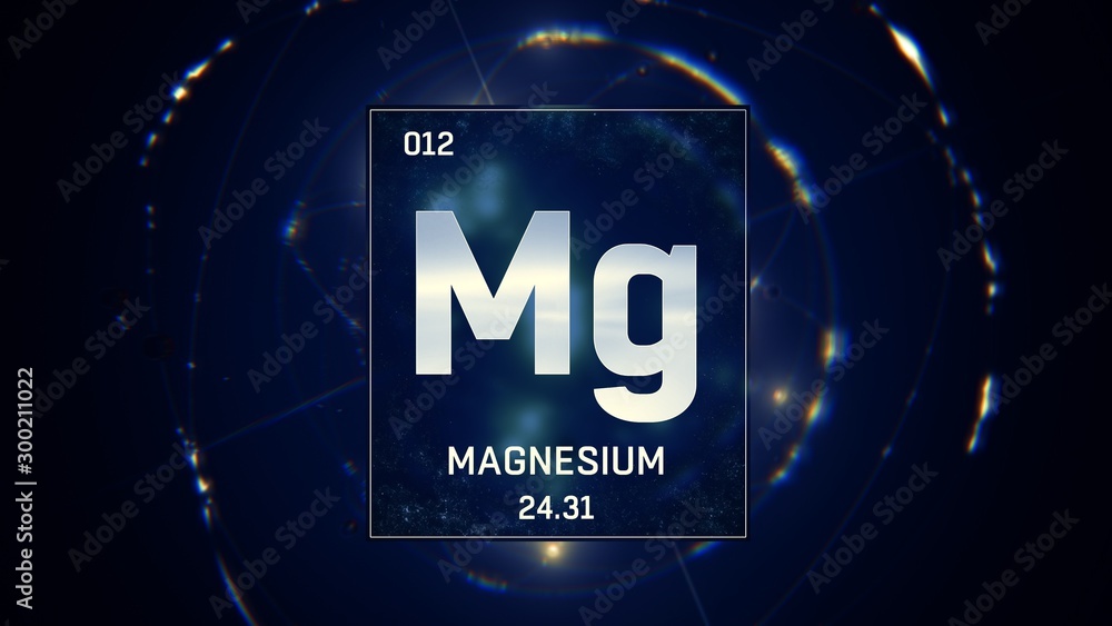 3D illustration of Magnesium as Element 12 of the Periodic Table. Blue ...