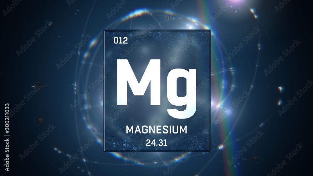 3D illustration of Magnesium as Element 12 of the Periodic Table. Blue ...