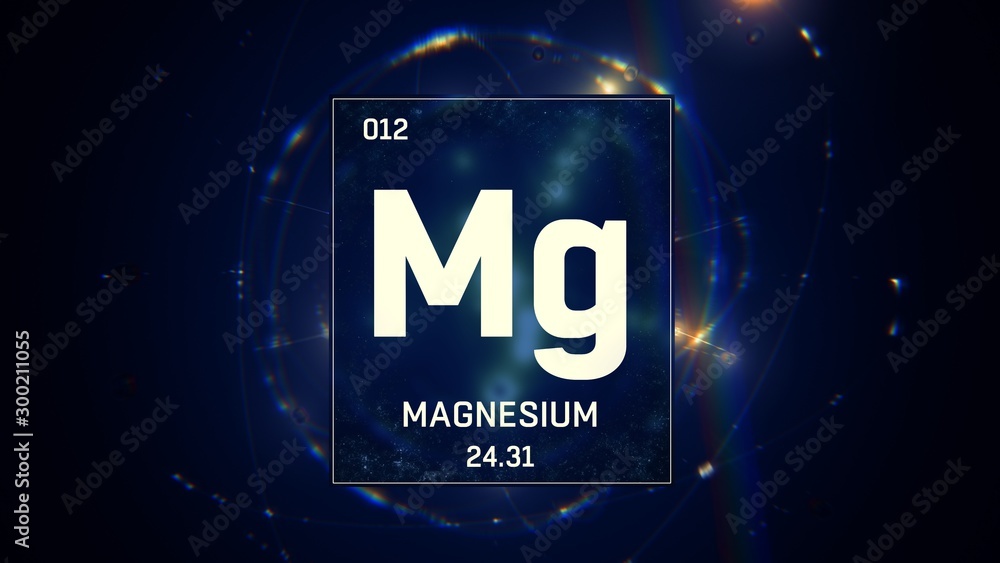 3D illustration of Magnesium as Element 12 of the Periodic Table. Blue ...
