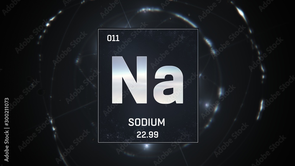 3D illustration of Sodium as Element 11 of the Periodic Table. Silver ...