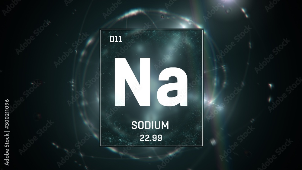 3D illustration of Sodium as Element 11 of the Periodic Table. Green ...