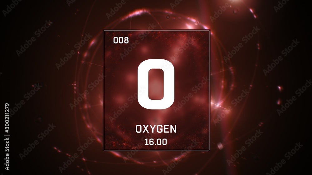 3D illustration of Oxygen as Element 8 of the Periodic Table. Red ...