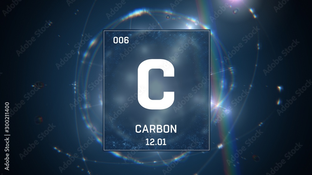 3D illustration of Carbon as Element 6 of the Periodic Table. Blue ...