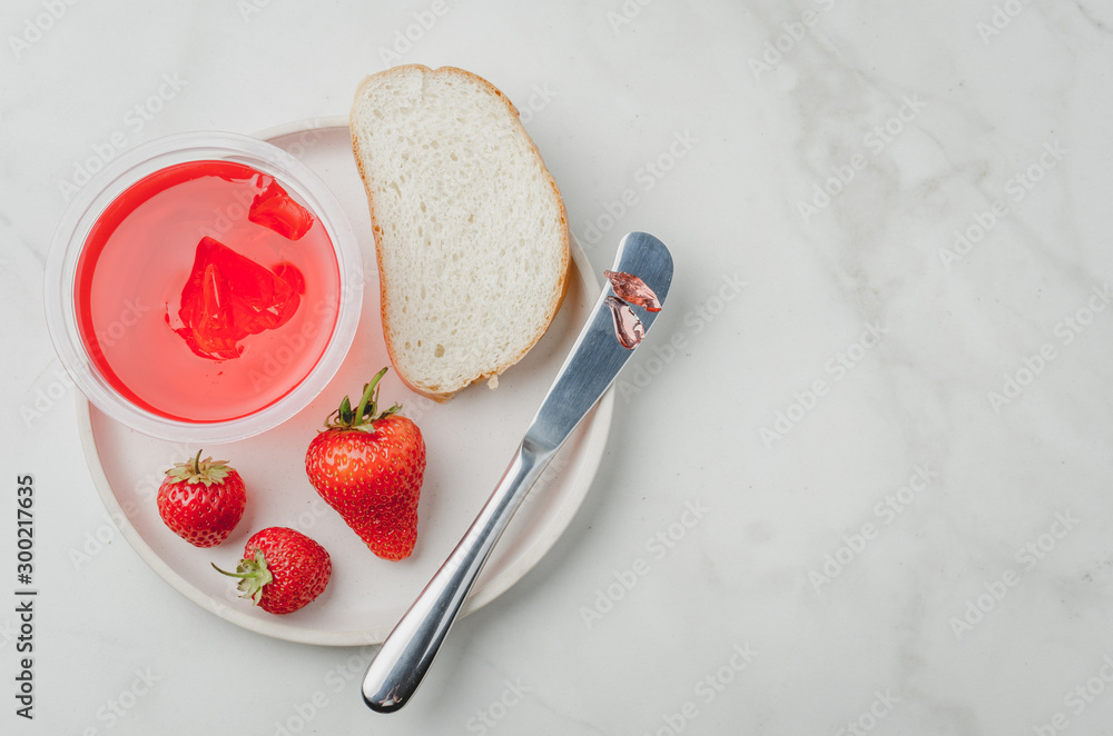 Strawberry jam. Making sandwiches with strawberry jam. Top view ...