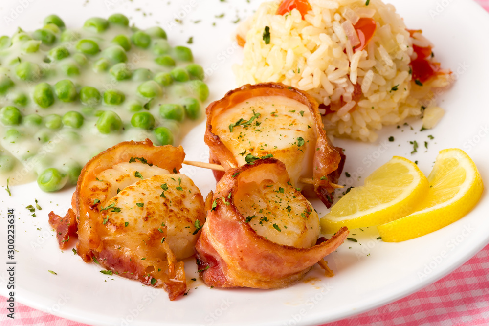 Bacon-wrapped Scallops with Creamed Peas and Rice Pilaf with Lemon ...