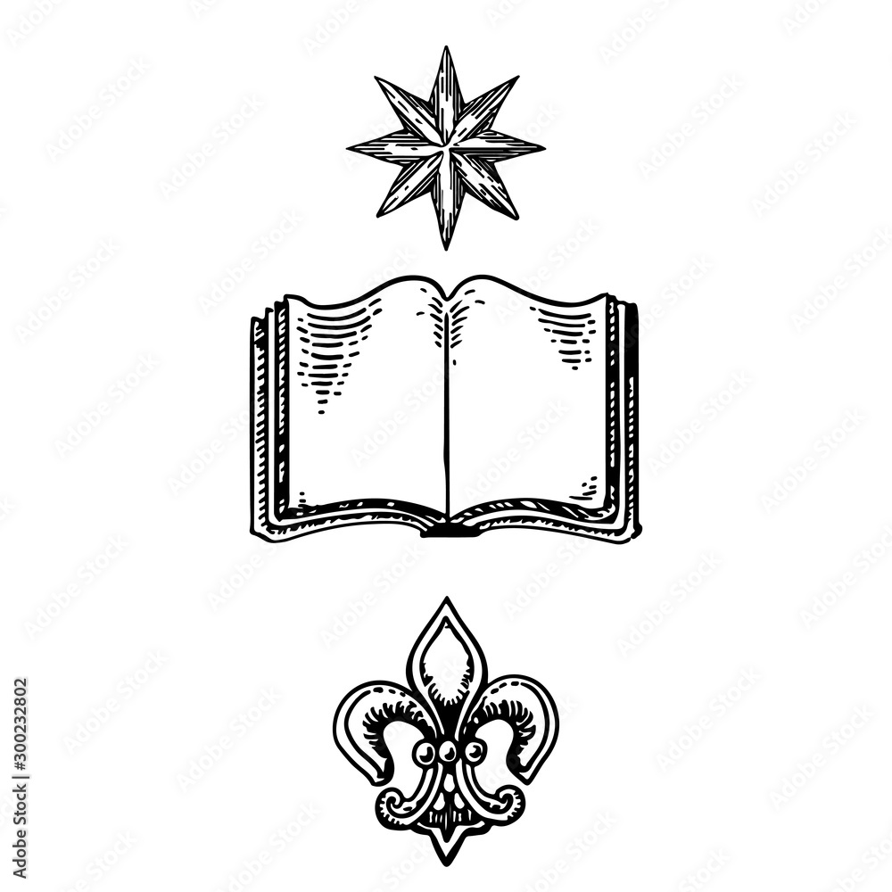 heraldic symbols - book, flower, star. knowledge and family history in ...