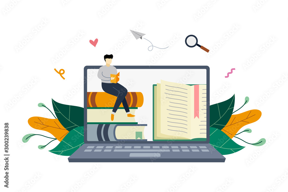 e-book, reading an ebook, e-library, modern media book library on large ...