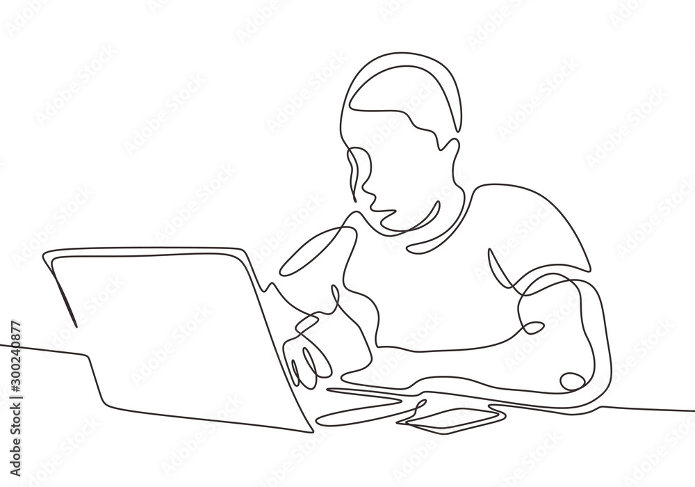 Continuous one line drawing of man with laptop. Person sitting and ...