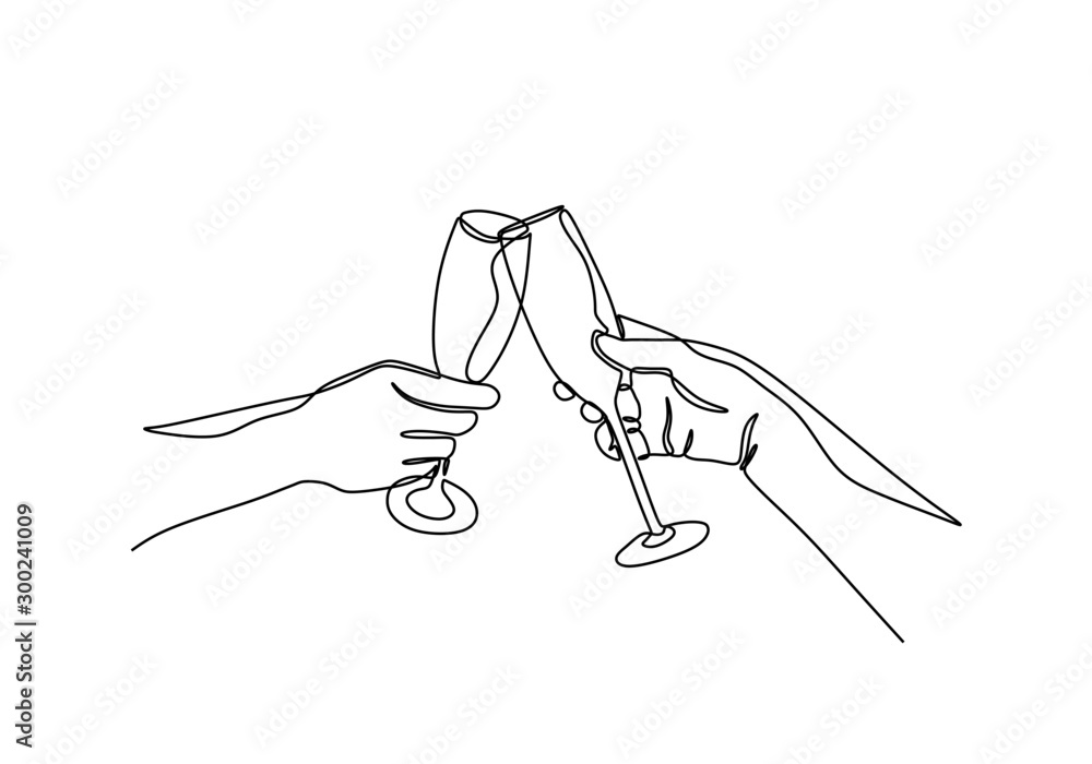 Continuous one line drawing of cheers of wine glass. Hands cheering ...