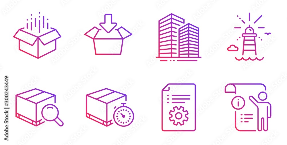 Open box, Lighthouse and Get box line icons set. Technical ...
