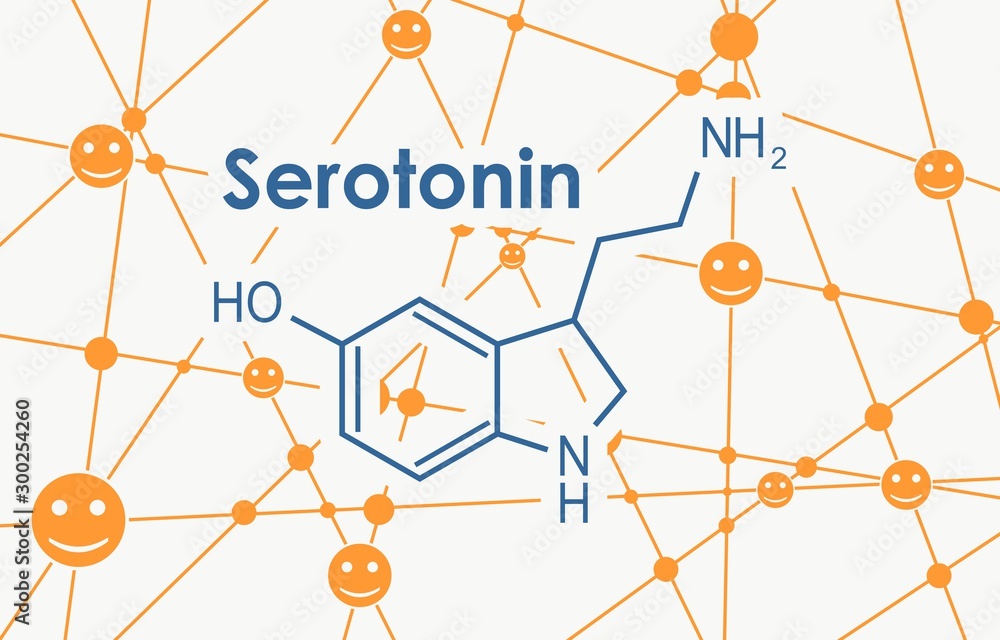 Chemical molecular formula hormone serotonin. Silhouette of a man head ...
