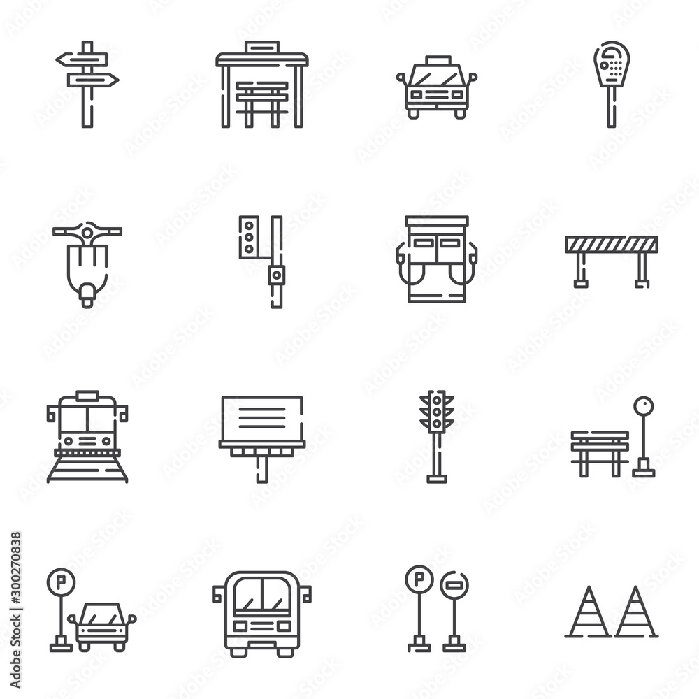 Urban transportation line icons set. linear style symbols collection ...