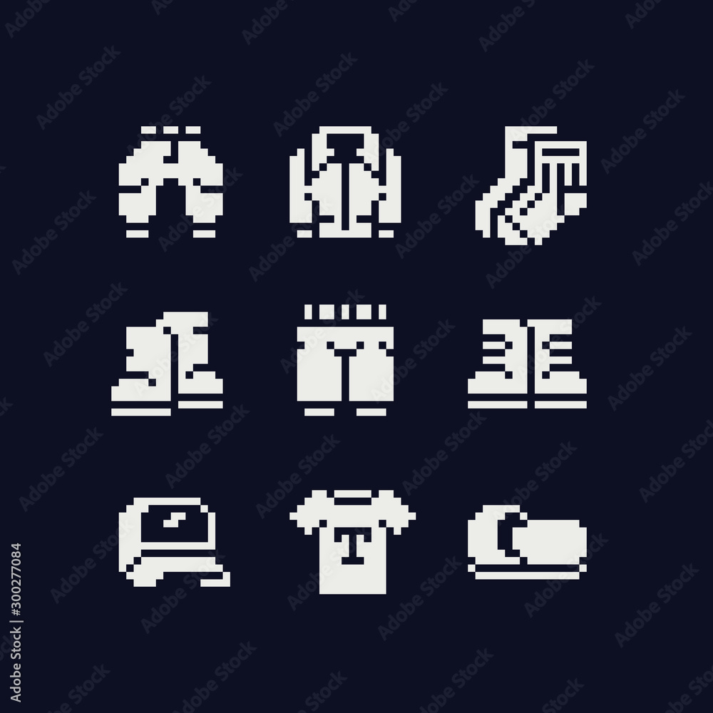 Clothes pixel art icons set, sports cap and shirt, shorts, socks ...