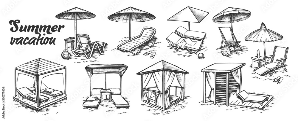 Summer Vacation Beach Furniture Set Retro Vector. Collection Of ...