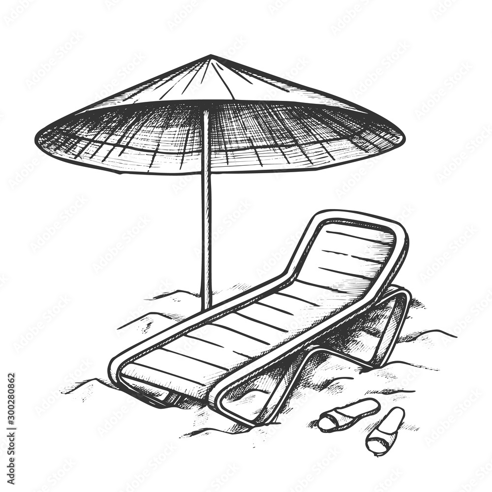Beach Chair With Umbrella And Slippers Ink Vector. Relaxation Plastic ...