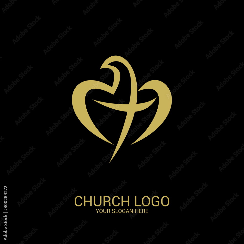 Church logo. Christian symbols. A dove forming a heart, and inside the ...