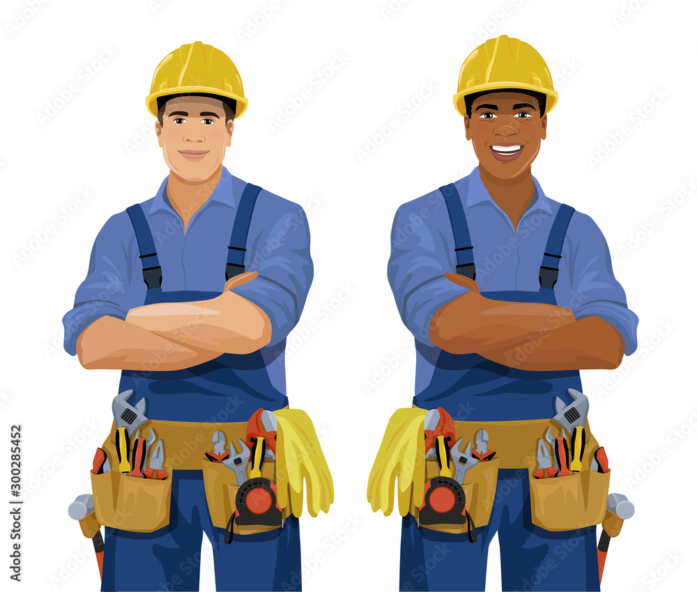 Set of European and African workers with tools. Cartoon smiling workmen ...