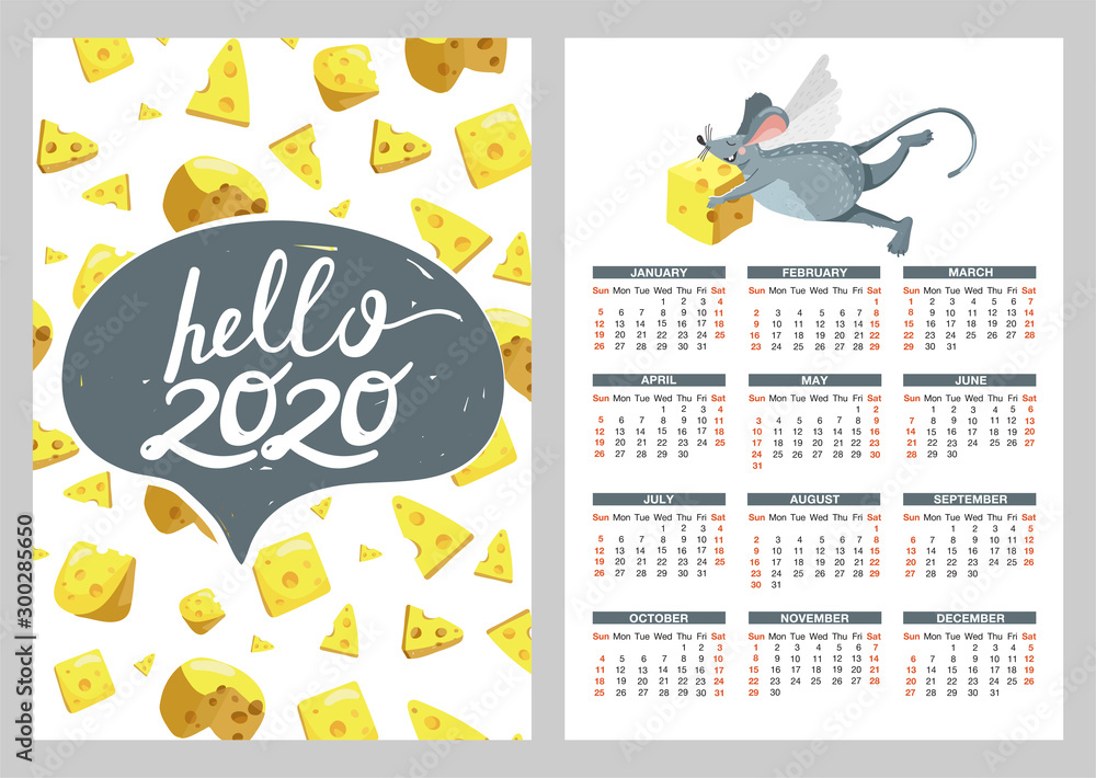 Pocket calendar with illustrations of funny mouse and cheese. Rat is ...