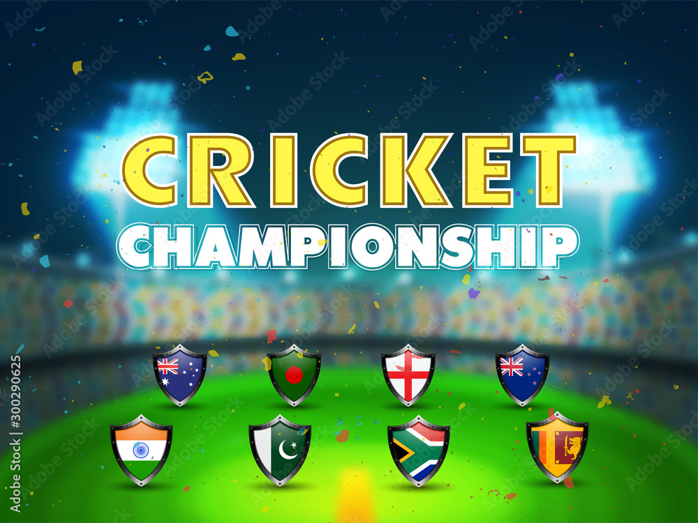 Cricket Stadium with Participant Countries Flag Shields. Stock Vector ...