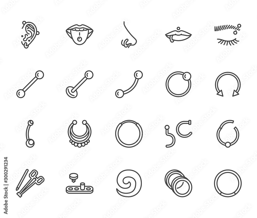 Piercing flat line icons set. Body jewelry, nose hoop, ear ring, tongue ...