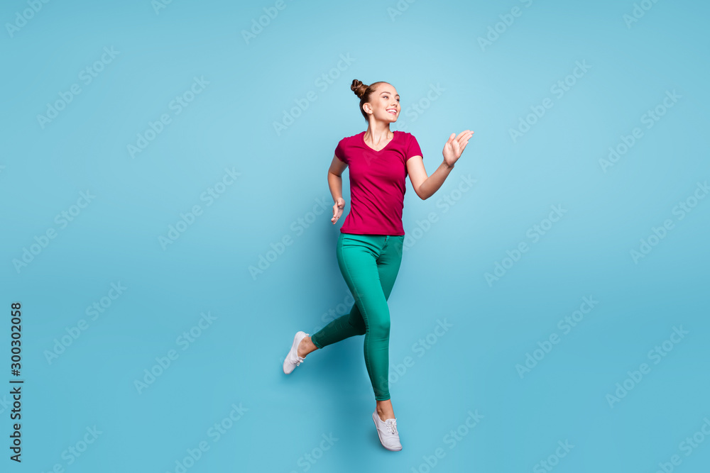 Full length body size turned photo of cheerful positive cute nice ...