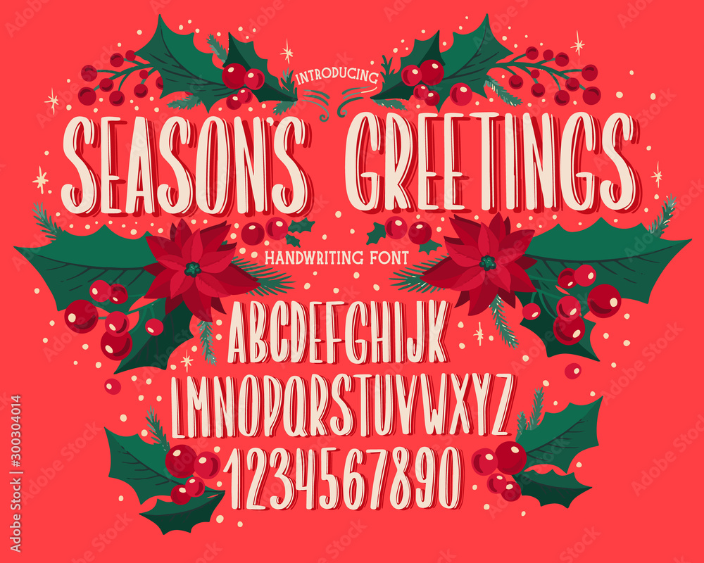 Christmas font. Holiday typography alphabet with festive illustrations ...