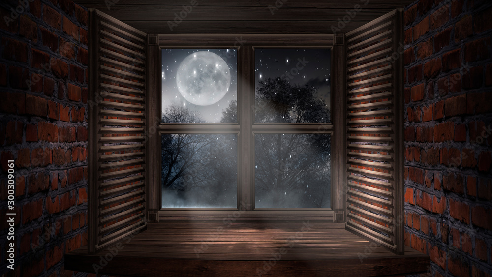 Dark room with a wooden window. Wooden table in the night room ...
