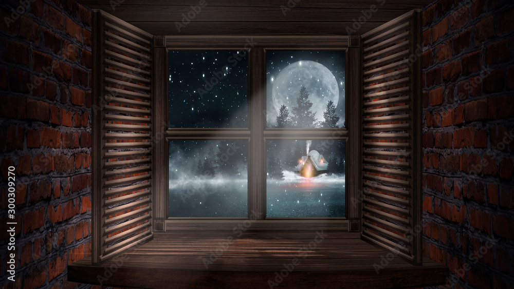 Dark room with a wooden window. Wooden table in the night room ...