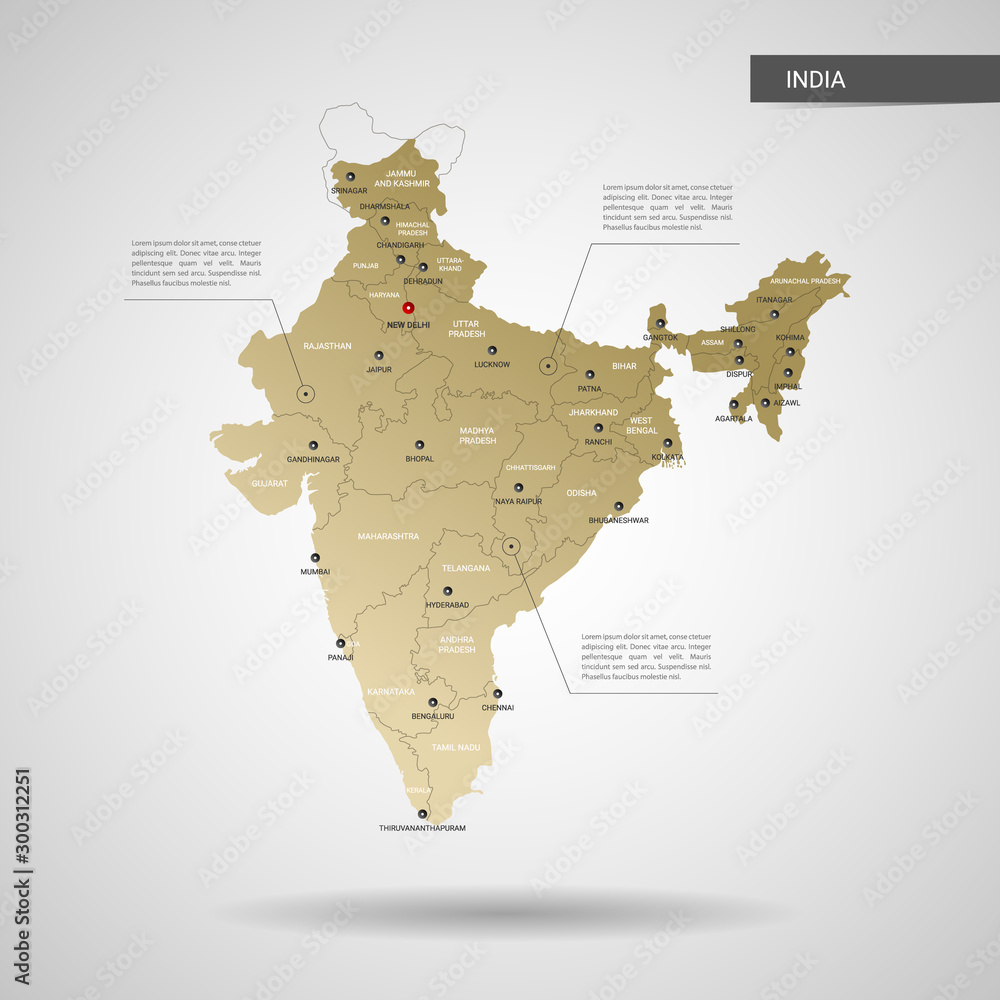 Stylized vector India map. Infographic 3d gold map illustration with ...