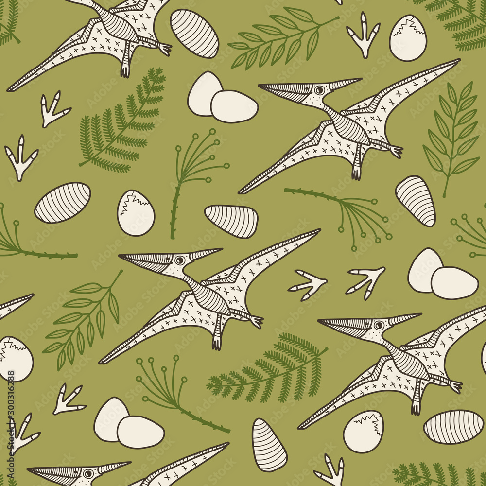 Vector dino seamless pattern in green. Simple doodle dinosaur and rock ...