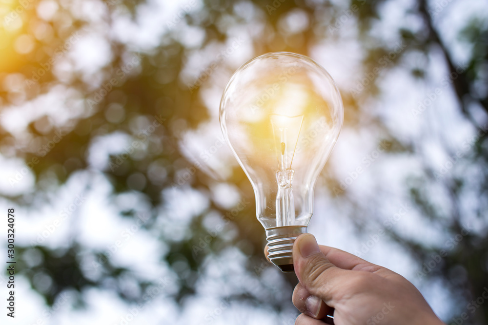 hand holding light bulb against nature, icons energy sources for ...