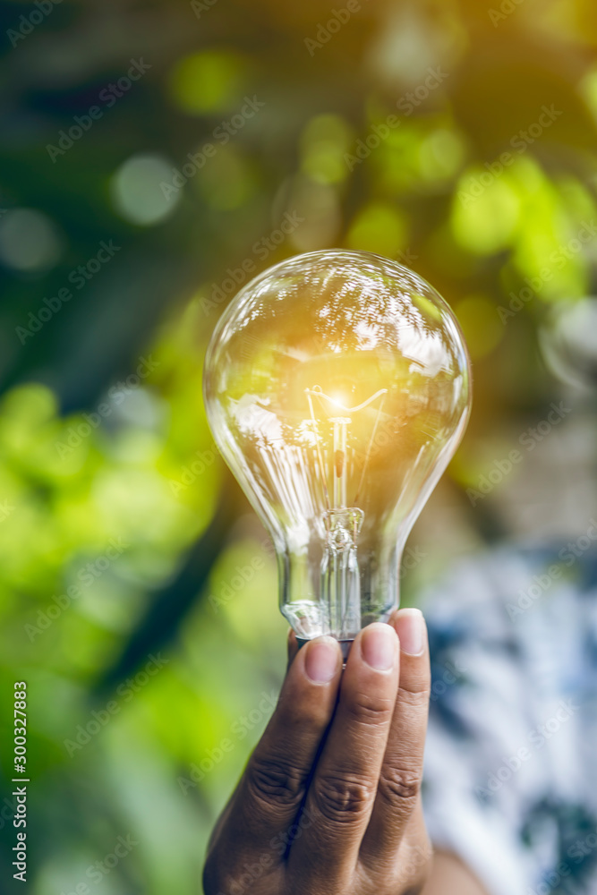 hand holding light bulb against nature, icons energy sources for ...
