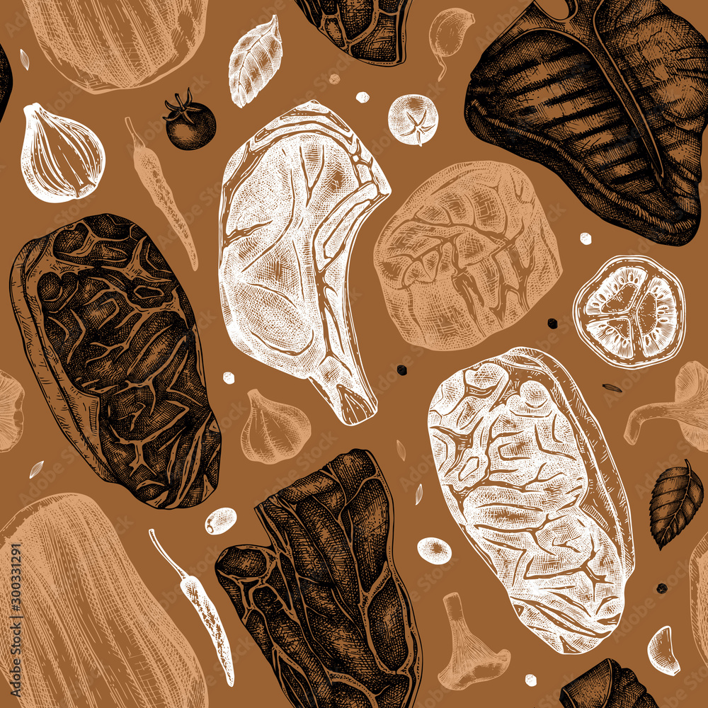 Beef steaks vector backdrop. Raw meat top view seamless pattern. Hand ...