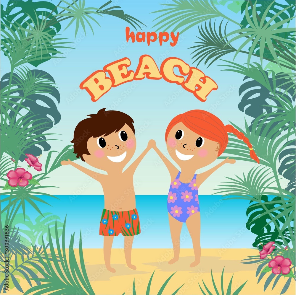 vector illustration of kids on a tropical beach, boy and girl ...