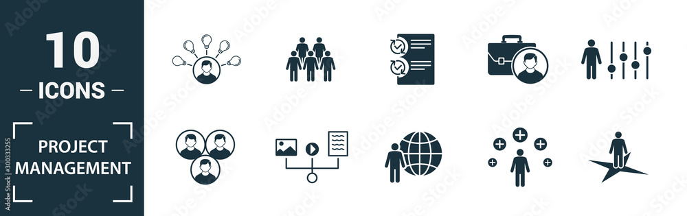 Project Management icon set. Include creative elements goal seeking ...