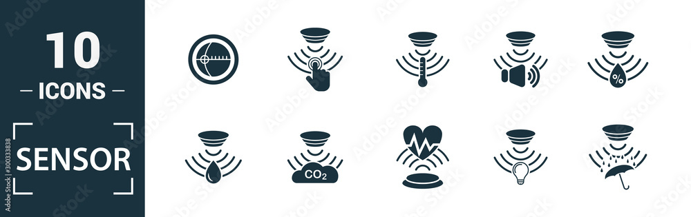 Sensor icon set. Include creative elements water quality sensor, smoke ...