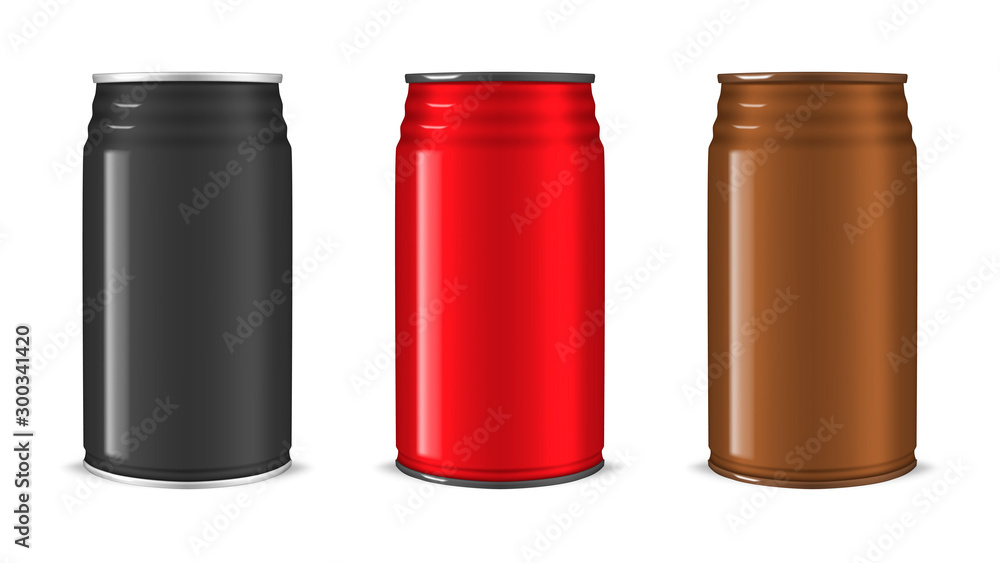 Aluminum can color set, realistic vector illustration. Blank food or ...