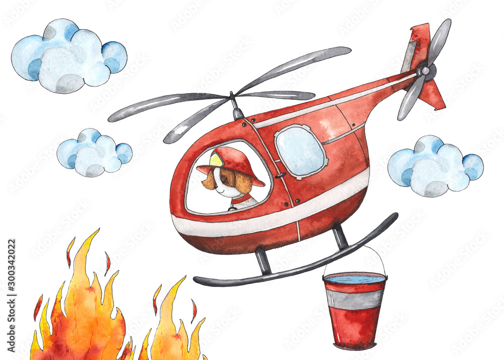 Watercolor cartoon cute composition Firefighting and fire safety ...